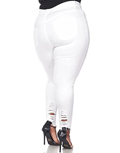 PYL Women Plus Size Denim Ripped Jeans, Distressed Skinny Stretchy White Jegging Pant (L-5XL)