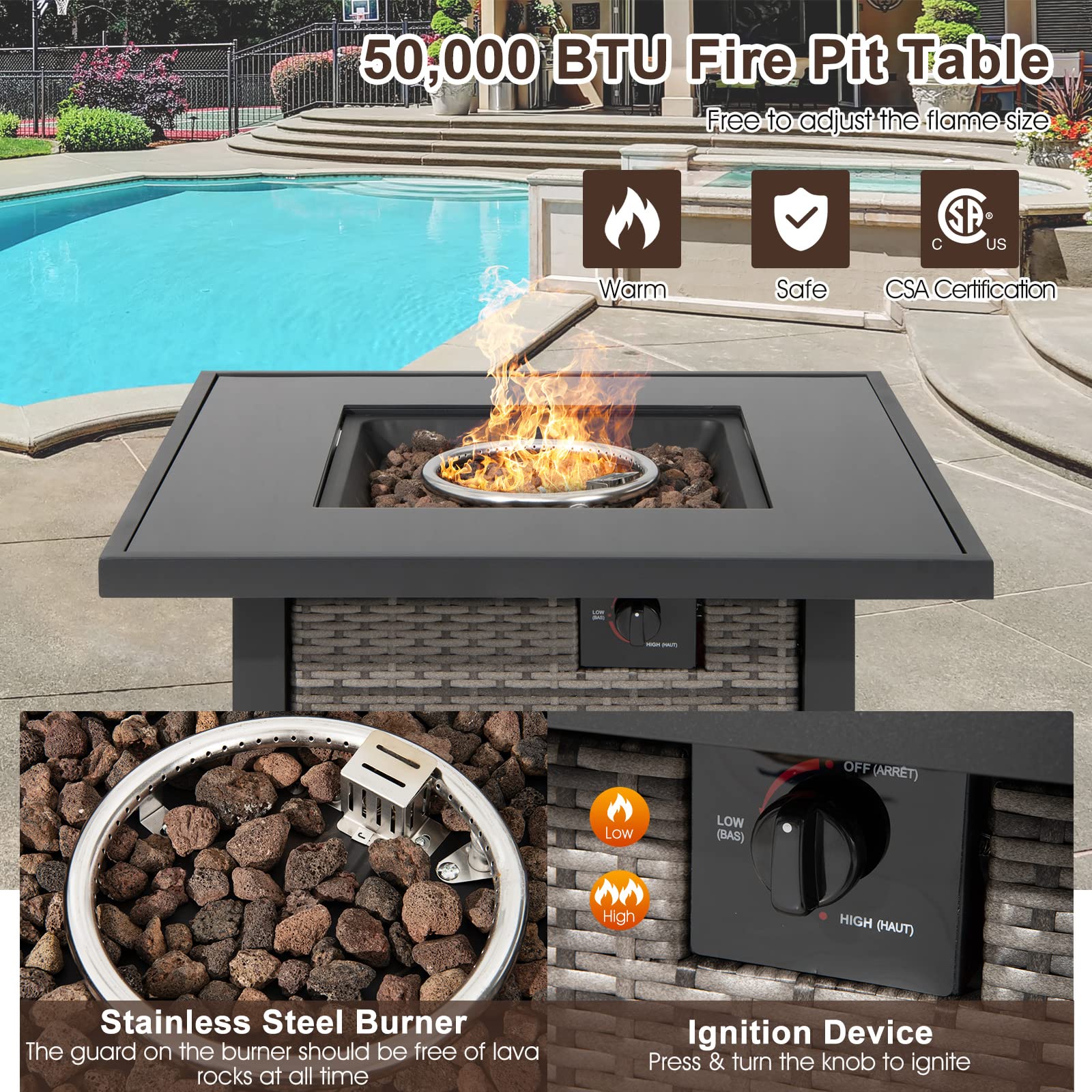 COSTWAY 32" Outdoor Fire Table, 50,000 BTU Propane Fire Pit Table w/Lid & Lava Rocks Rain Cover, Rattan Style Metal Patio Fireplace, Gas Firepit Table for Outside Yard Balcony, Grey
