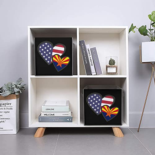 Interlocking Hearts American Arizona State Flag PU Leather Collapsible Storage Bins Canvas Cube Organizer Basket with Handles