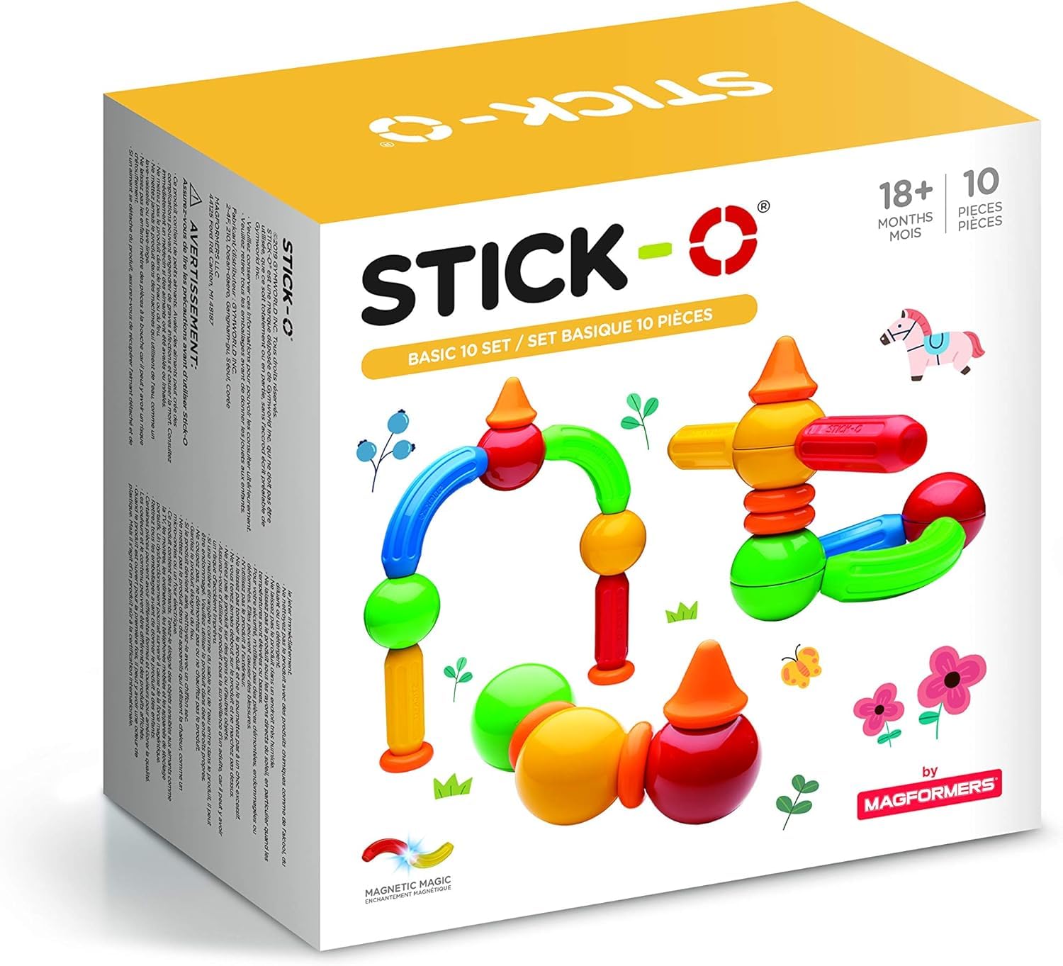 STICK O Basic 10 Piece Magnetic Building Set, Rainbow Colors, Educational STEM Construction Toy Ages 18M+