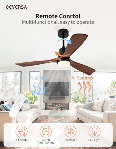 Ceversa 52 Inch Solid Wood Ceiling Fan with Light and Remote Control, 3 Blades Modern Ceiling Fan Walnut Craftmade Quiet for Living Room Bedroom Farmhouse Indoor Outdoor Balcony