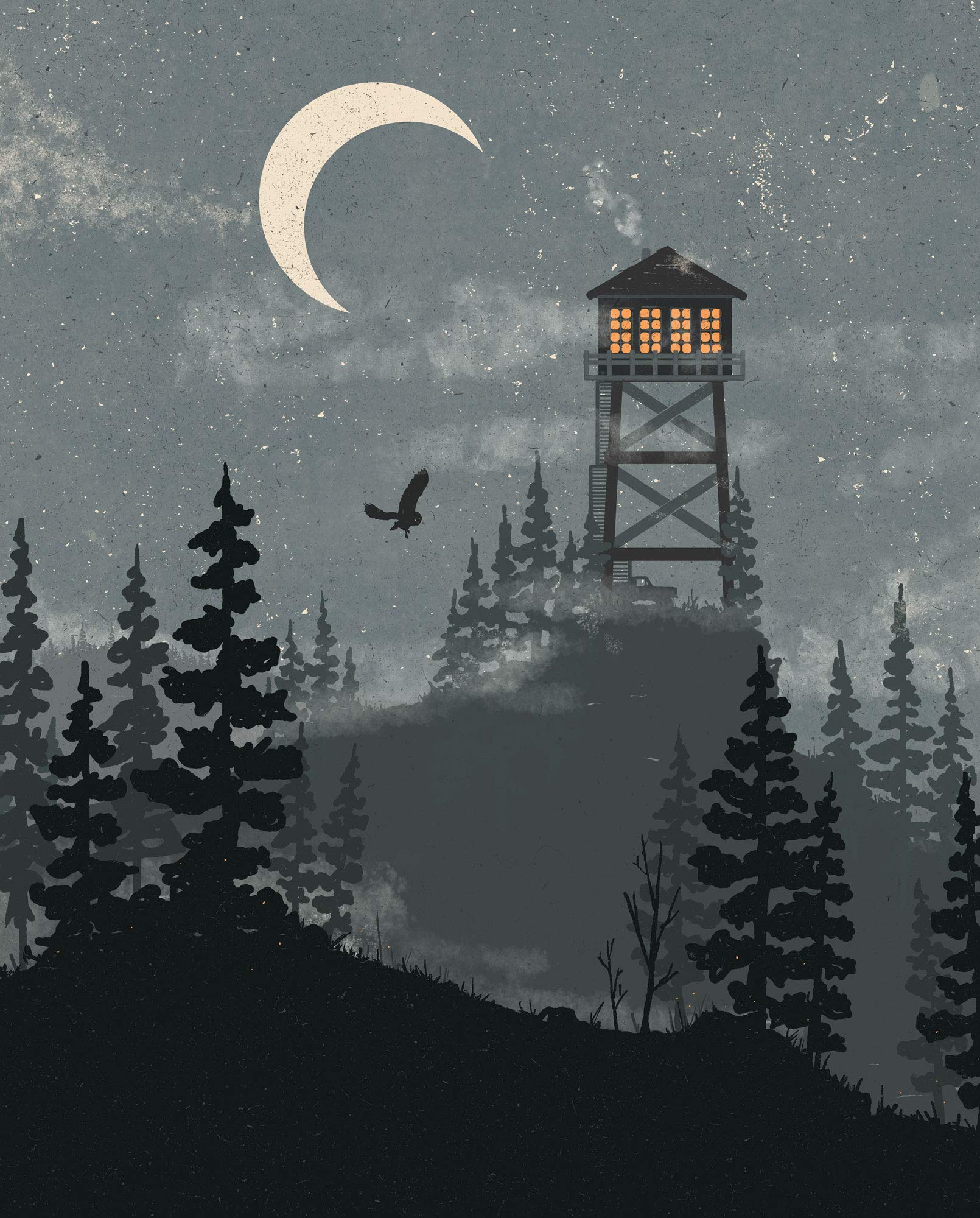 Forest Wilderness Art Print - 18 x 24 Nature Woods Trees Landscape Unframed Artwork Night Sky Lookout Tower Crescent Moon Outdoor Inspiration Poster Calming Peaceful National Park Decor