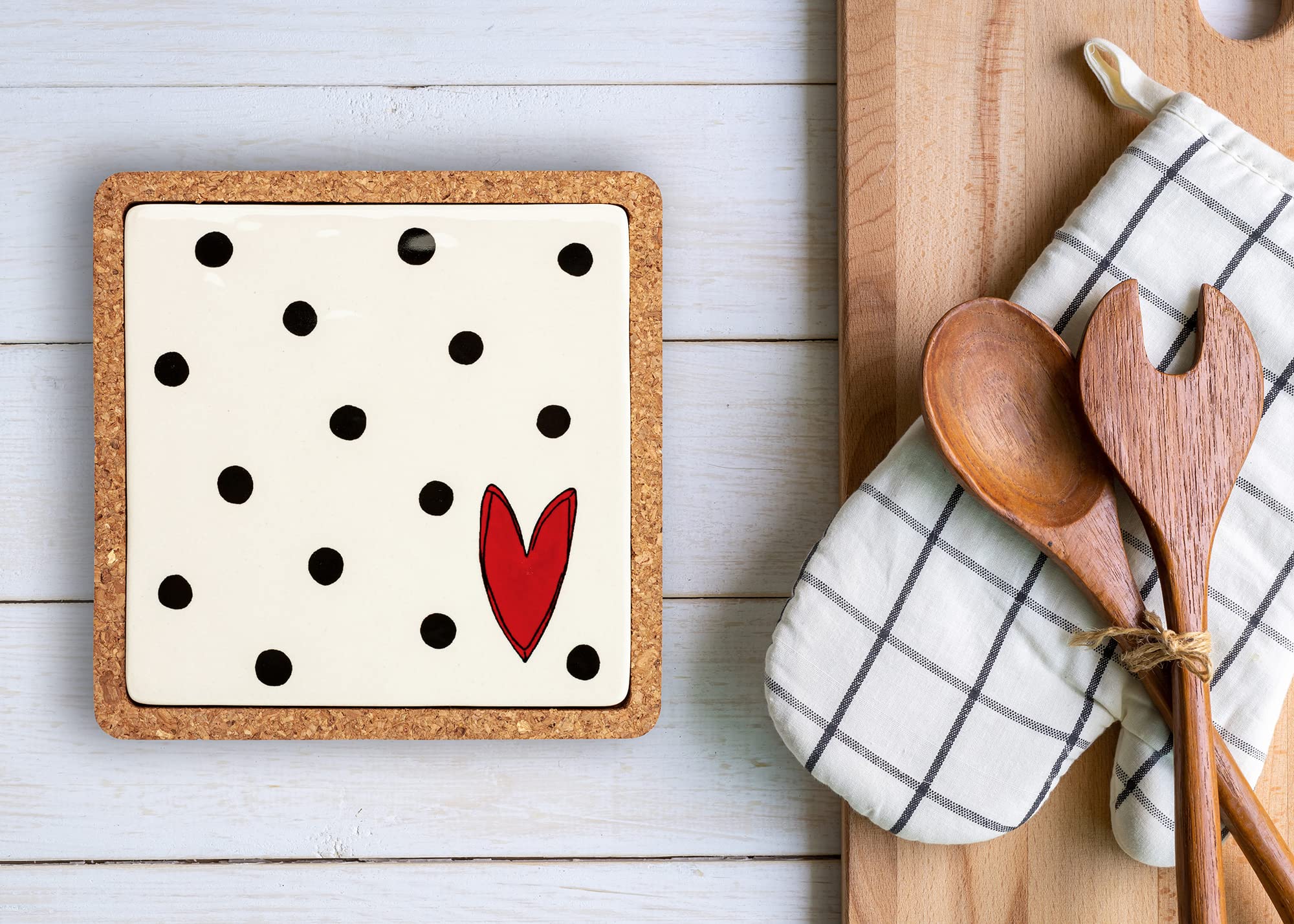 Demdaco Dots and Heart Glossy White 7.5 inch Stoneware Cork Base Trivet