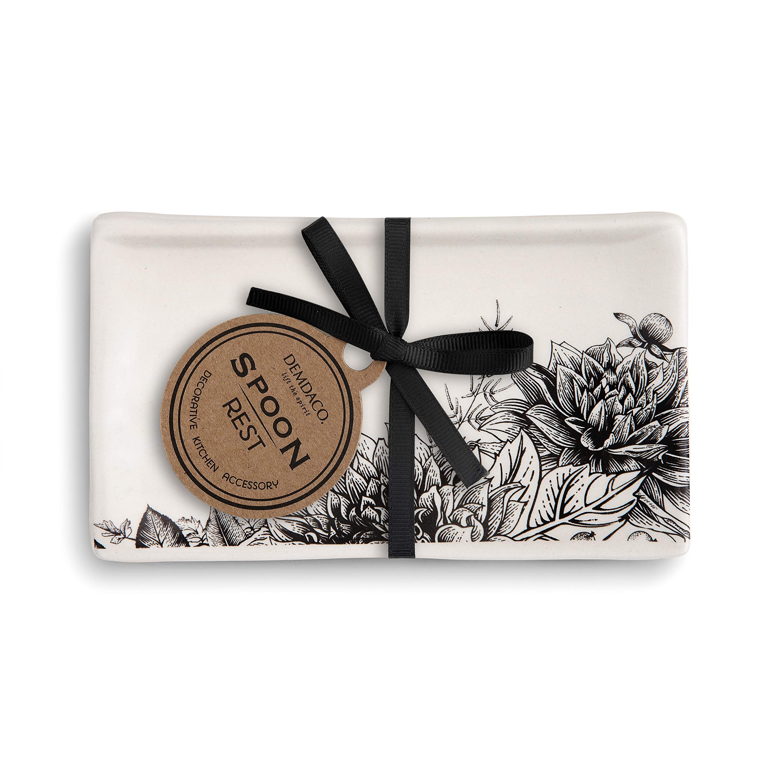 DEMDACO Floral Glossy Black and White 6 x 3.5 Stoneware Ceramic Everyday Kitchen Rectangle Spoon Rest