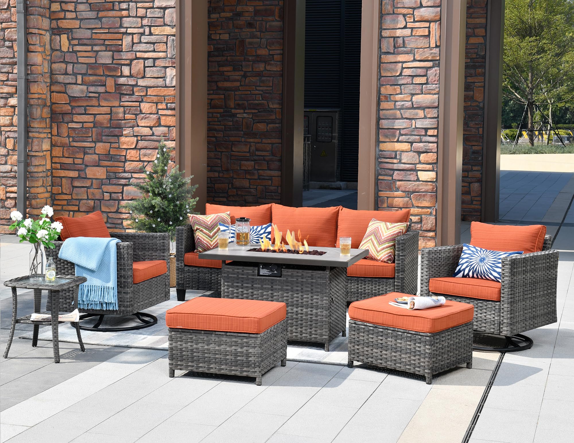 HOOOWOOO Outdoor Patio Furniture Sets 7 Pieces Patio Conversation Sets Weather Resistant Wicker Sofa Seating Set with 42" Fire Pit Swivel Rocking Chairs for 5 Persons Outside,Orange Red