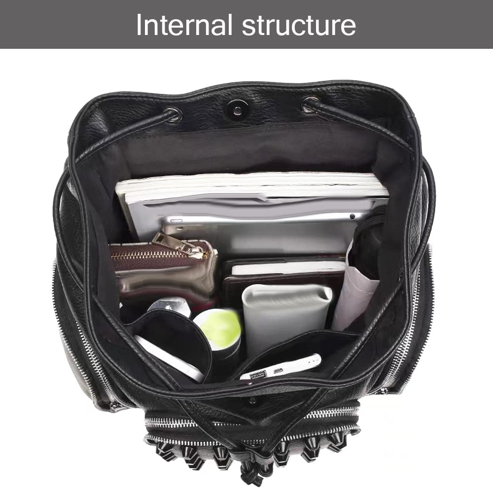 Downupdown Studded Backpacks for Women and Men Leather Flap Rivet Backpack knapsack Ladies Casual Daypack Shoulder Bag Cool Zipper Backpack with Top Handle Bucket Bag-Black