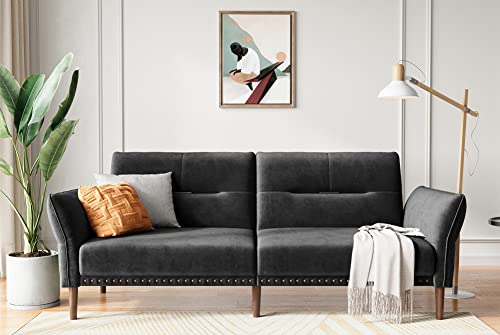 LINSY HOME Futon Sofa Bed, Velvet Sleeper Sofa with Mattress and Frame, Memory Foam Futon Couch for Small Spaces, Living Room, Dark Grey