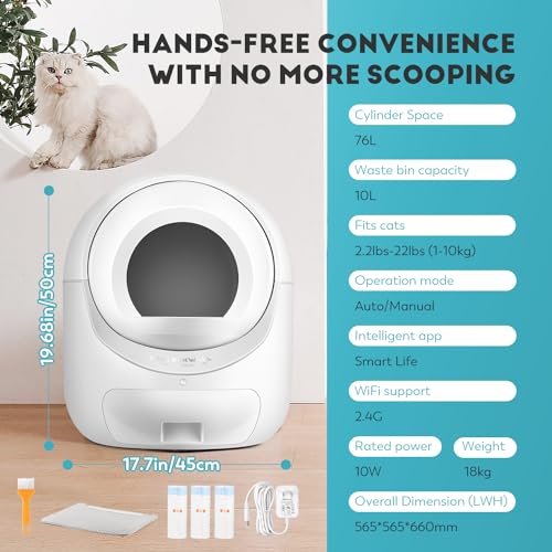 CGOLDENWALL Self Cleaning Cat Litter Box, Automatic Cat Litter Box for Multi Cats from 2lb to 22lb, Extra Large Cat Litter Robot with Smart App Control/Odor Removal/Safety Protection/Garbage Bags/Mat