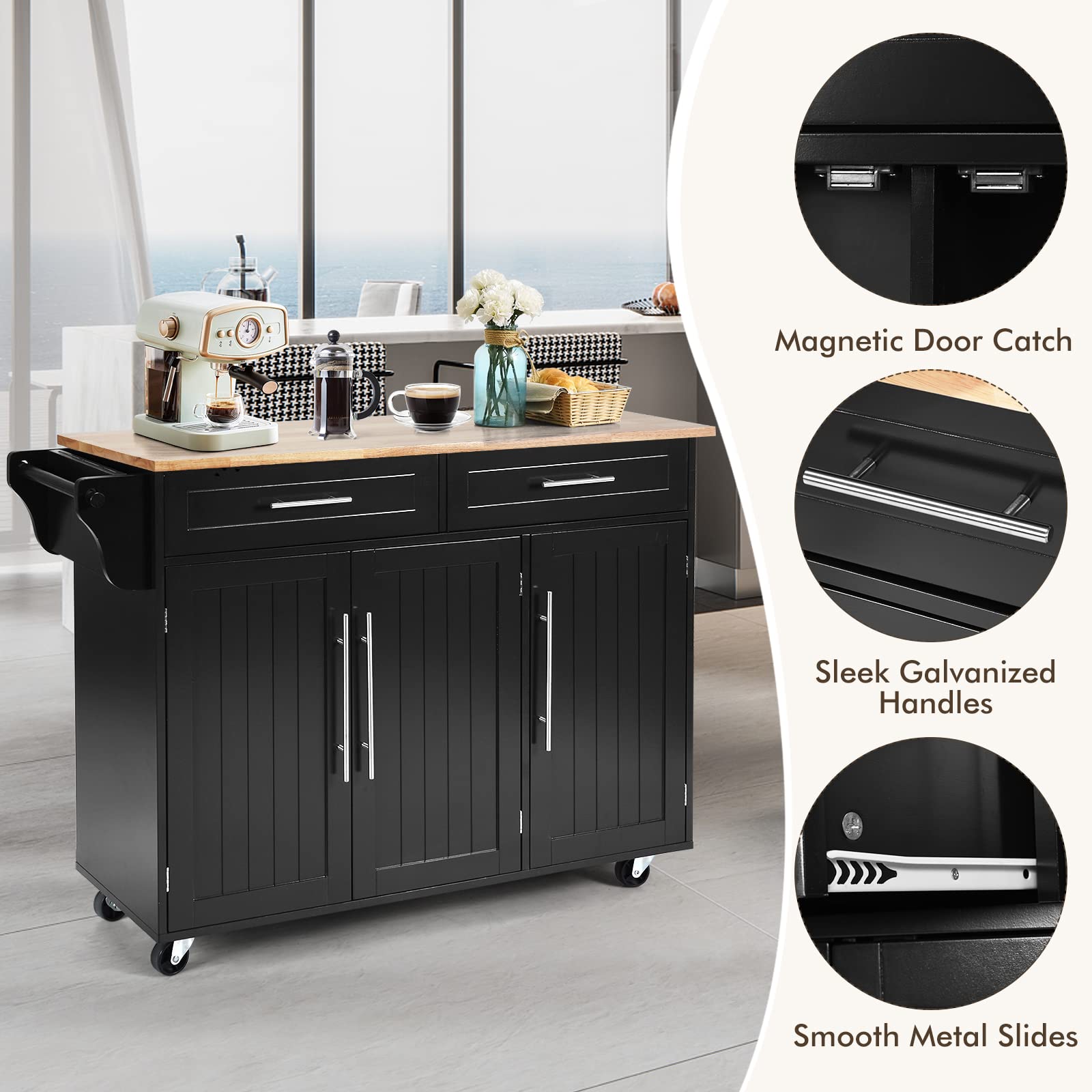 COSTWAY Mobile Kitchen Island Cart, Rolling Storage Trolley with Towel Bar, 2 Deep Drawers, 3 Door Cabinets, Swivel Casters, Rubber Wood Top, Ideal for Kitchen, Dining Room, Restaurant, Cafe (Coffee)
