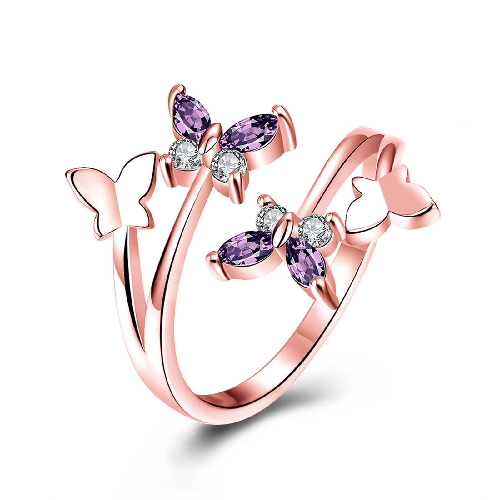 DOZZIOR 18K Rose Gold Plated Adjustable Rings Butterfly Ring for Women Girls Stacking Statement Open Rings (Butterfly Rings A)