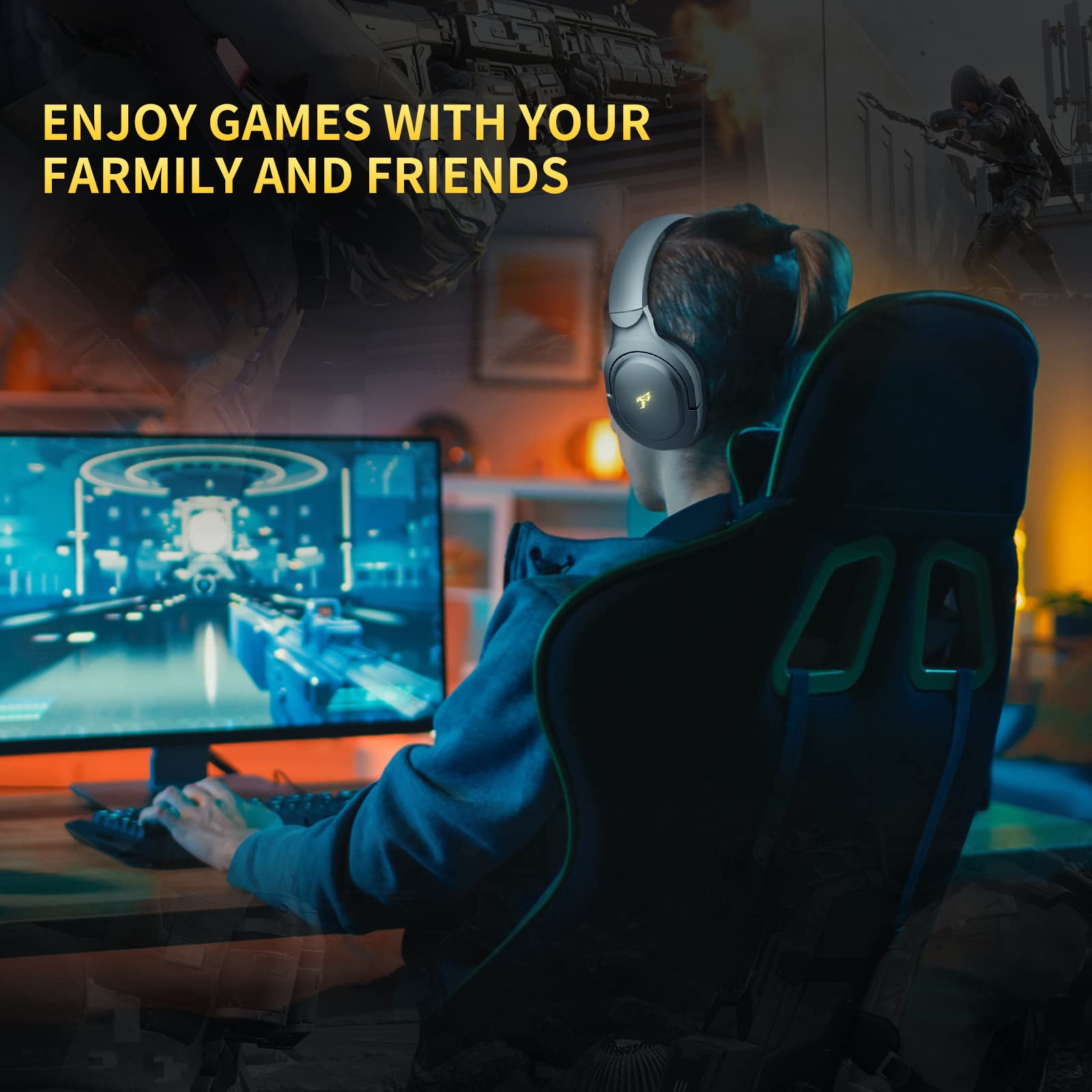 EASARS Wireless Gaming Headset, 2.4Ghz Gamer Headsets with Detachable Microphone, Portable Foldable Bluetooth Headphones Compatible with PC, PS5, PS4, Laptop, 28H Playtime (Grey)
