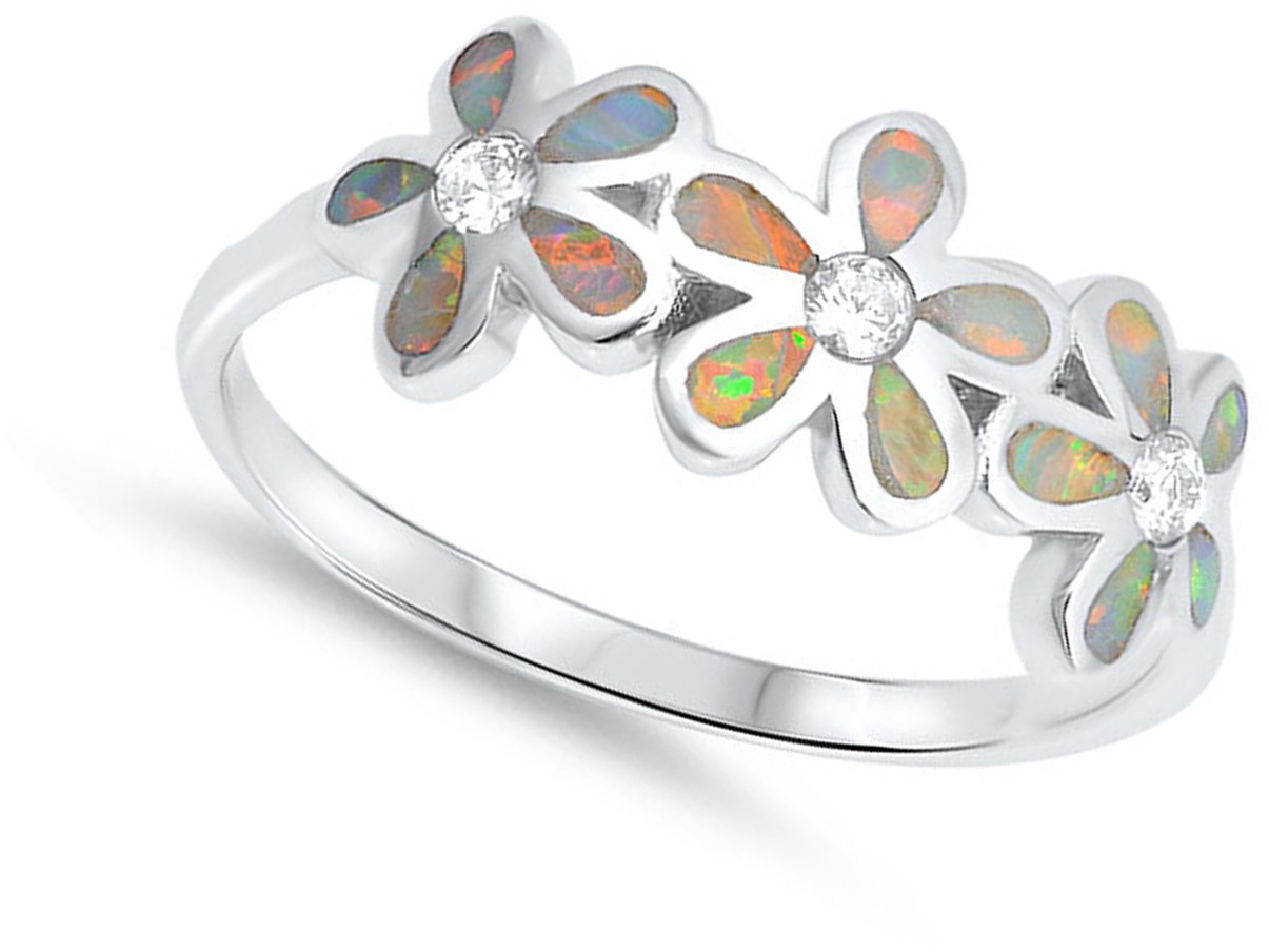 Clear CZ White Simulated Opal Plumeria Flower Ring 925 Sterling Silver Band Size 8