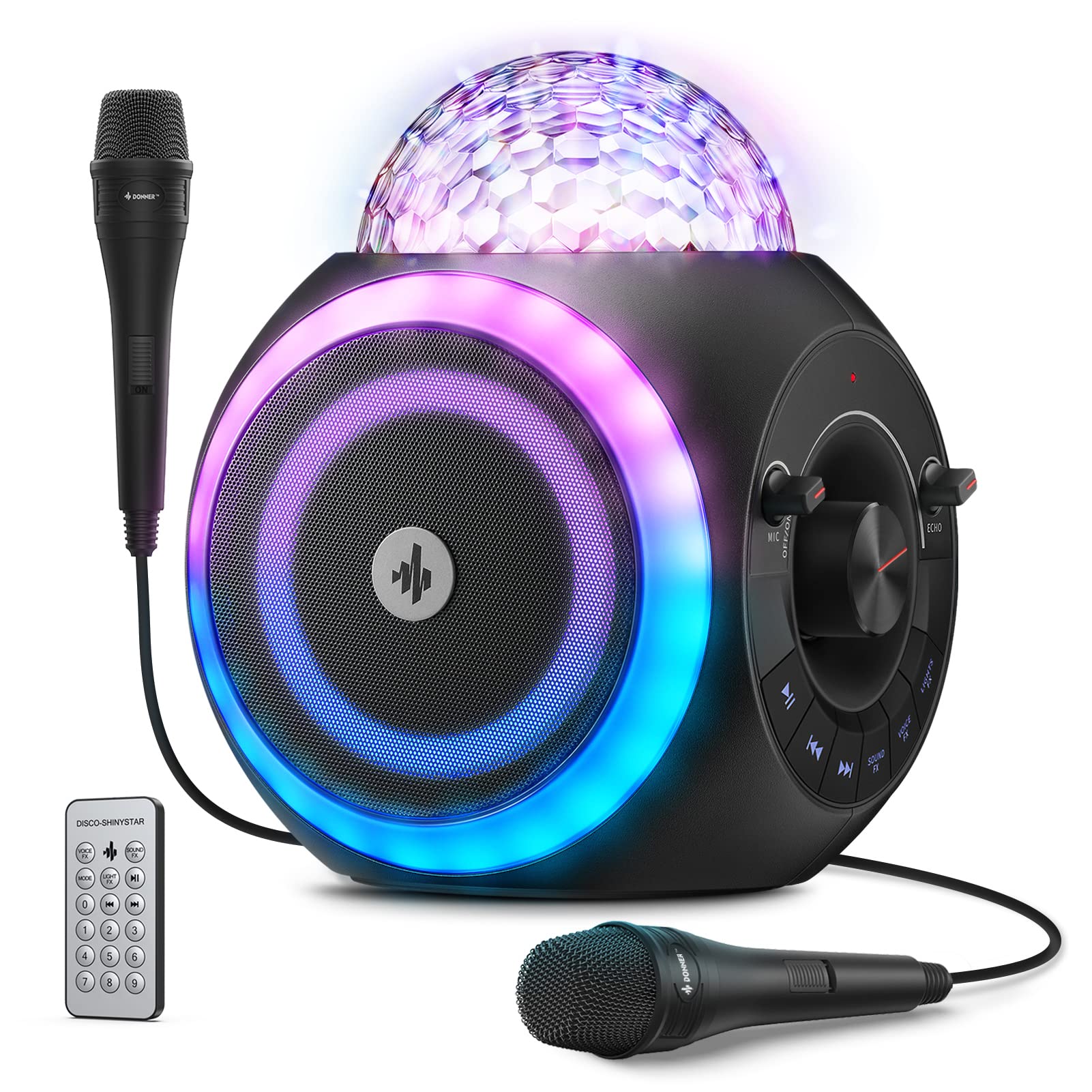 Donner Portable Karaoke Machine for Adults/Kids w/Disco Ball, Bluetooth PA Speaker System w/ 2 Microphones, 6 Voice Changer Effects&Autotune, 6 Party Light Effects, Remote Control - Disco-Shinystar