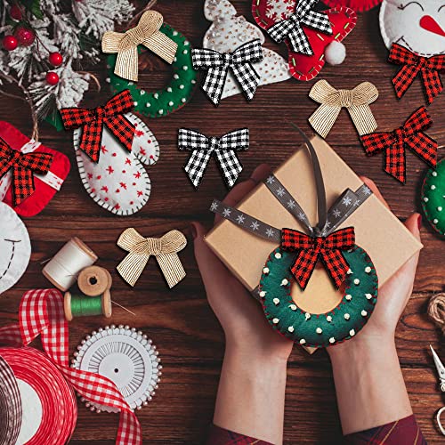 JOICE 120pcs Christmas Mini Burlap Bow Buffalo Plaid Bow for Craft,White and Black Checkered Bows Red and Black Gingham Ribbon Bows Farmhouse Home Decoration for Christmas Tree Gift Decorations (3 Colors)
