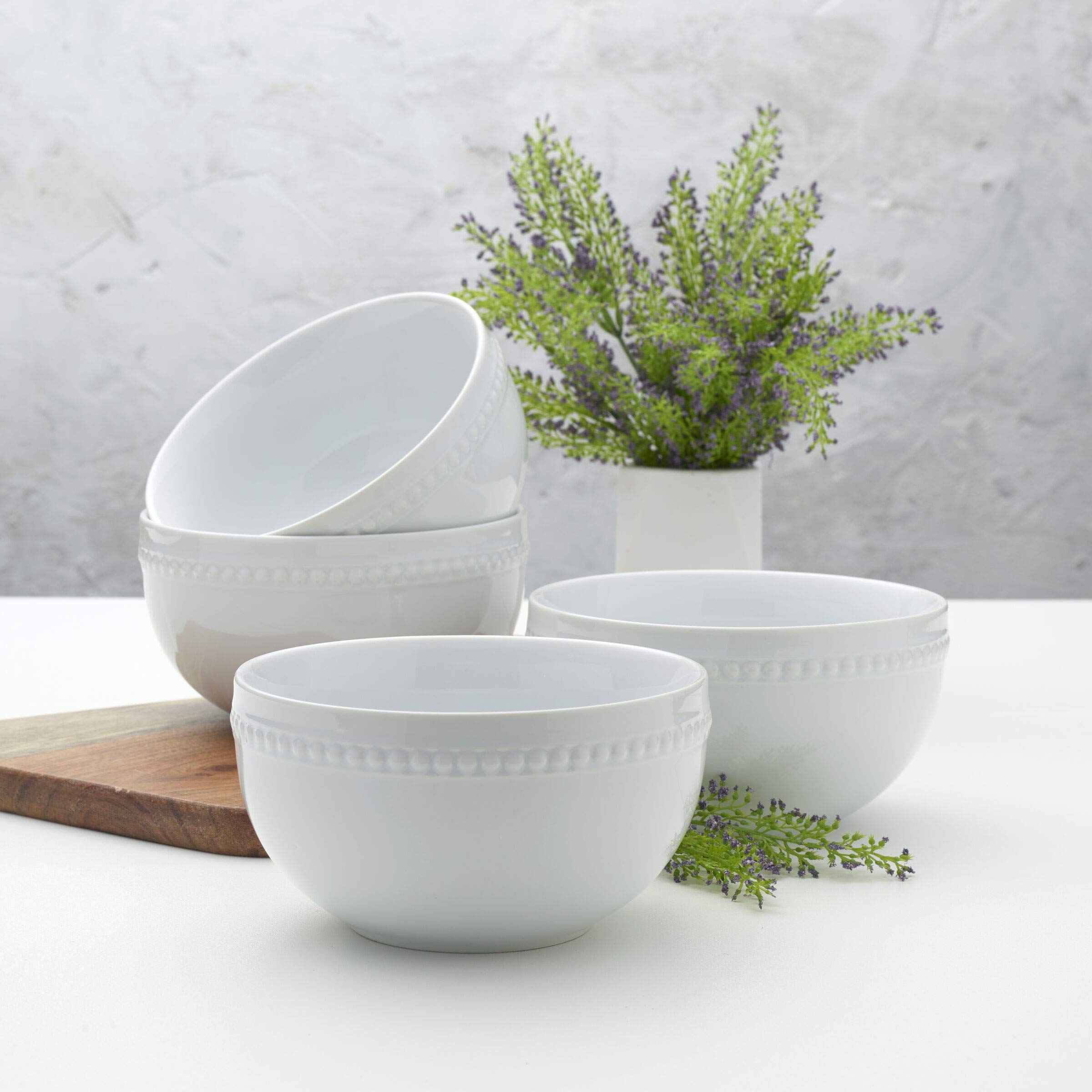 Everyday White by Fitz and Floyd Beaded 26 Ounce Porcelain Soup Cereal Bowls, Set of 4