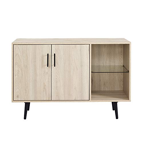 Walker Edison Theo Mid Century Modern 2 Door Asymmetrical Glass Shelf Buffet, 44 Inch, Birch