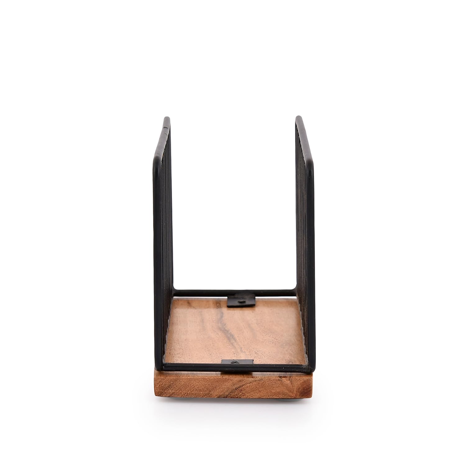 EDHAS Black Iron Wire Tabletop Upright Napkin Holder with Mango Wood Base for Kitchen Dinner Table, Countertop (6" x 3" x 4.5")