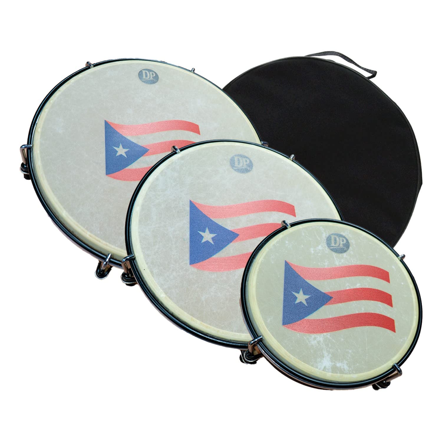 DP Music Set de Panderos - Wood Shell Frame Pleneras Drums with Puerto Rico Flag - Nylon Carrying Case Included