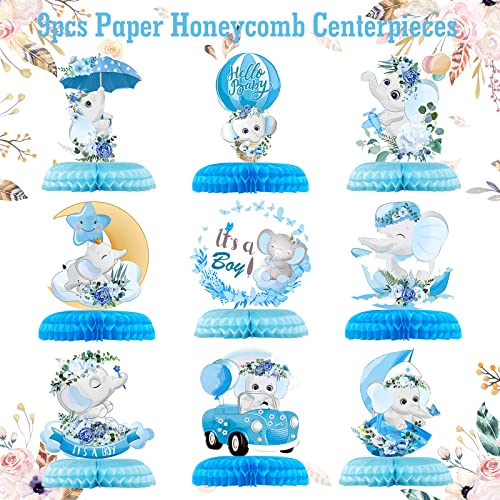 PHIAMOLY 9 Pcs Floral Elephant Honeycomb Centerpiece Blue Elephant Table Decorations Its a Boy Baby Shower Decorations Eelephant Theme Birthday Party Supplies