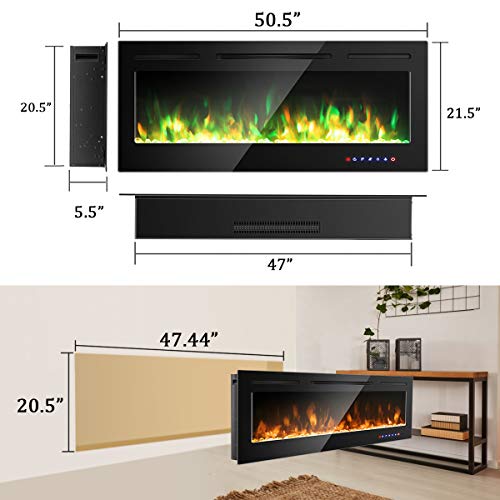 COSTWAY 50-Inch Electric Fireplace, 750W/1500W Wall Recessed and Mounted Fireplace Insert with Remote Control, 9 Flame Colors, 5 Brightness Settings, 8 H Timer, Fireplace Heater for Indoor Use