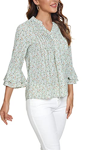 olrain Womens Summer Floral Printed V-Neck Swing Tunic 3/4 Bat Wing Short Sleeve Chiffon Tops Blouse Shirts (Light Green, X-Large)