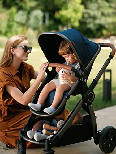 Mompush Ultimate2 Baby Stroller, Premium Convertible Full-Size Bassinet Stroller for Toddler, Newborn Stroller with Reversible Seat, One Hand Recline Pushchair Pram, Car Seat Adapter Included Black