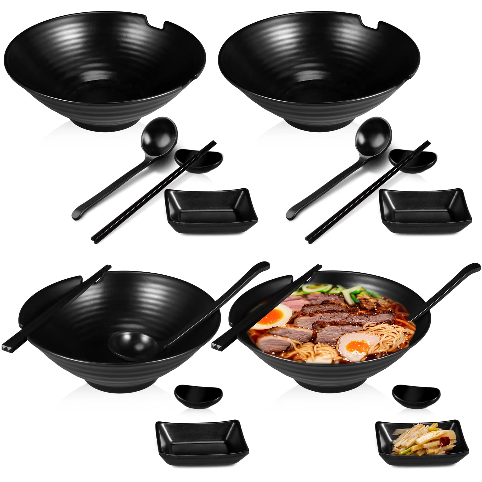 Didaey 4 Sets Japanese Ramen Bowl Set 37 oz Black Melamine Large Ramen Noodle Bowl Asian Chinese Korean Miso Soup Bowl with Spoons Chopsticks Saucers and Chopsticks Holders for Pho Udon Thai Soba