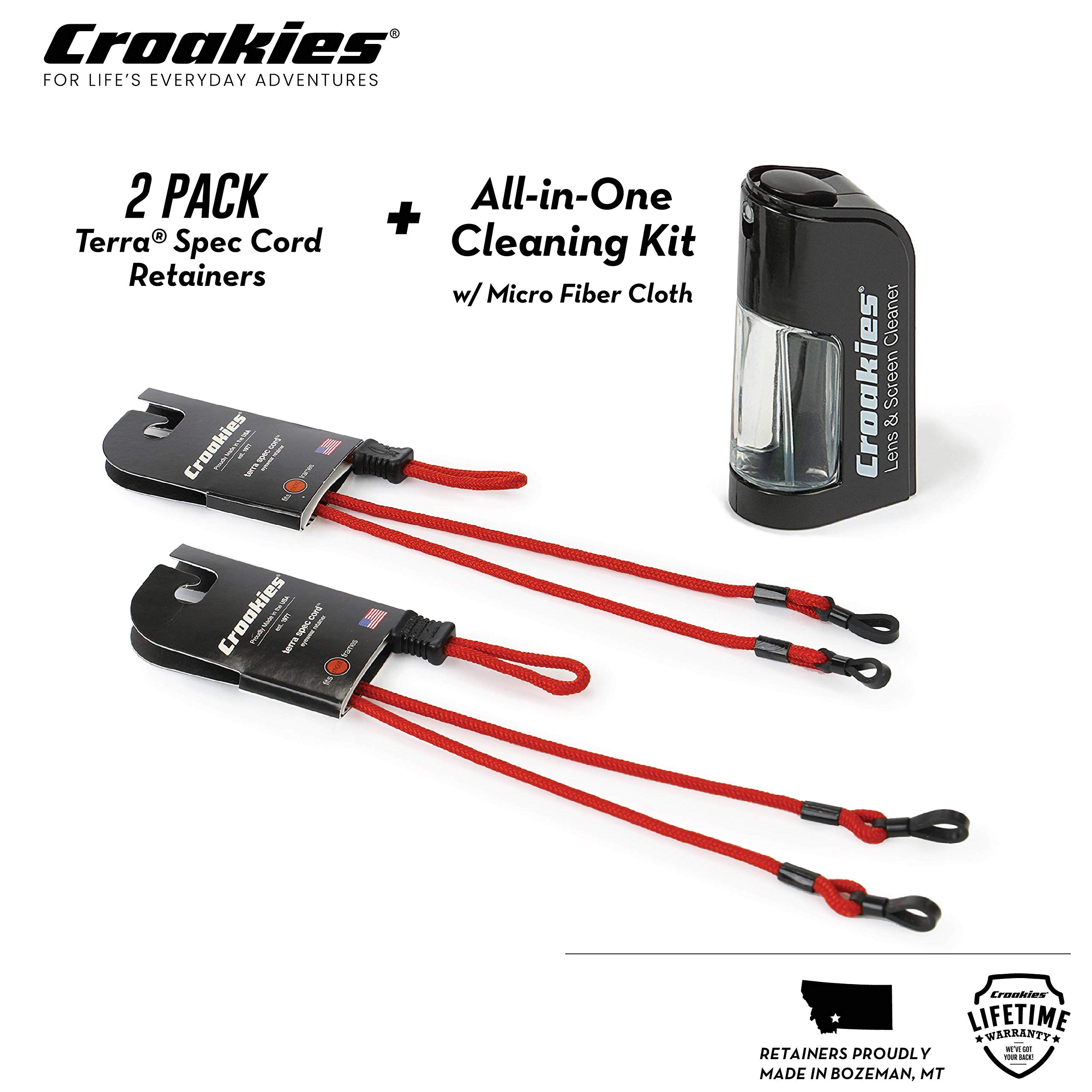 Croakies Terra Spec Cords Adjustable Sport Eyewear Retainer with All-in-One Cleaning Kit and Microfiber Cloth Kit l Made Nylon Climbing Rope l Sunglasses, Eyeglasses, and Precrtiption Glasses l 2 Pack