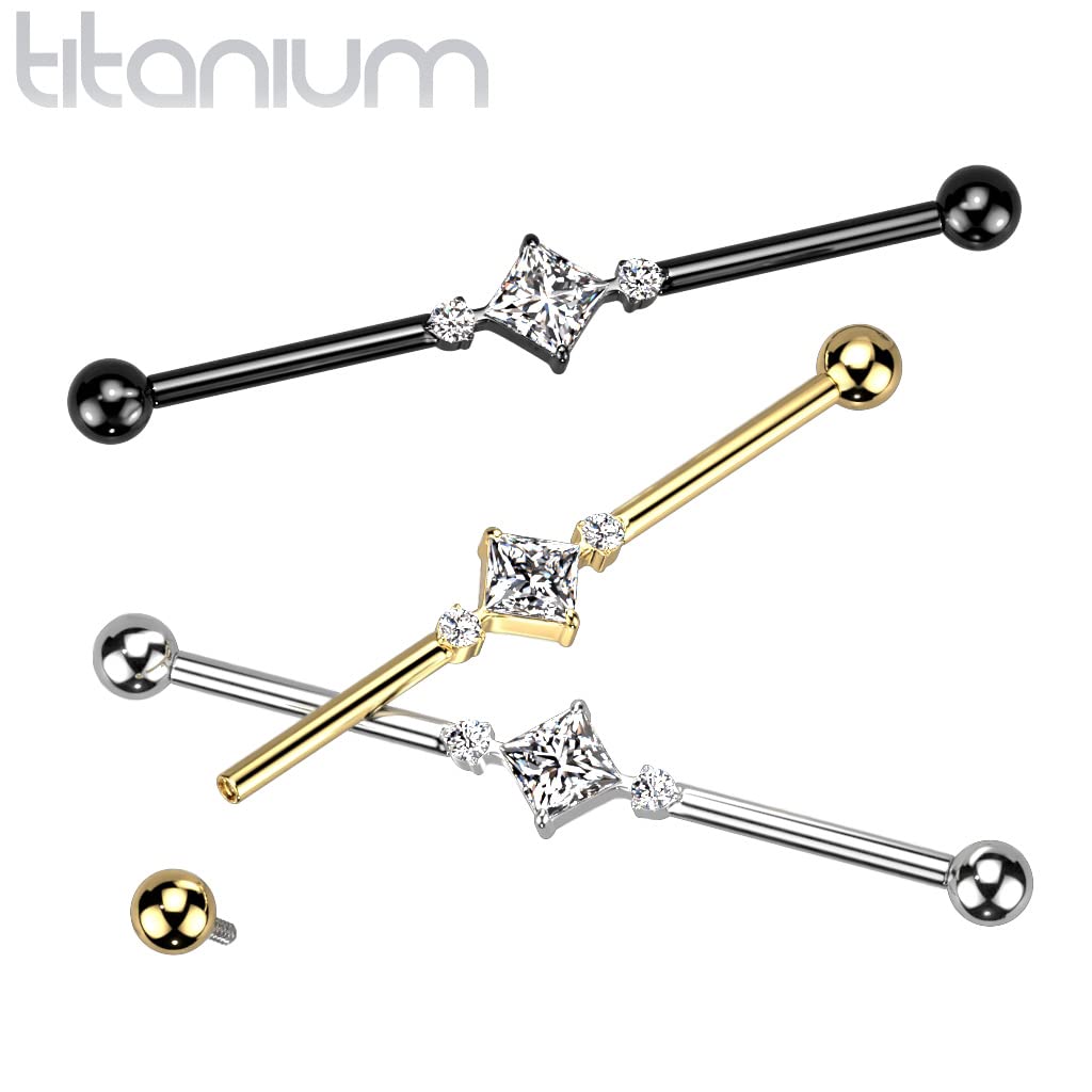 Dynamique Implant Grade Titanium Internally Threaded Industrial Barbell With 2 Round CZ And Square CZ Center (Sold Per Piece)