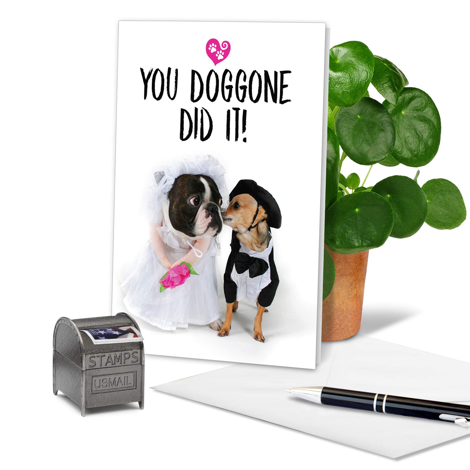 NobleWorks - Married Dogs - Pet Animal Wedding Card for Bride and Groom - Newlyweds Marriage Note Card with Envelope C6898WDG
