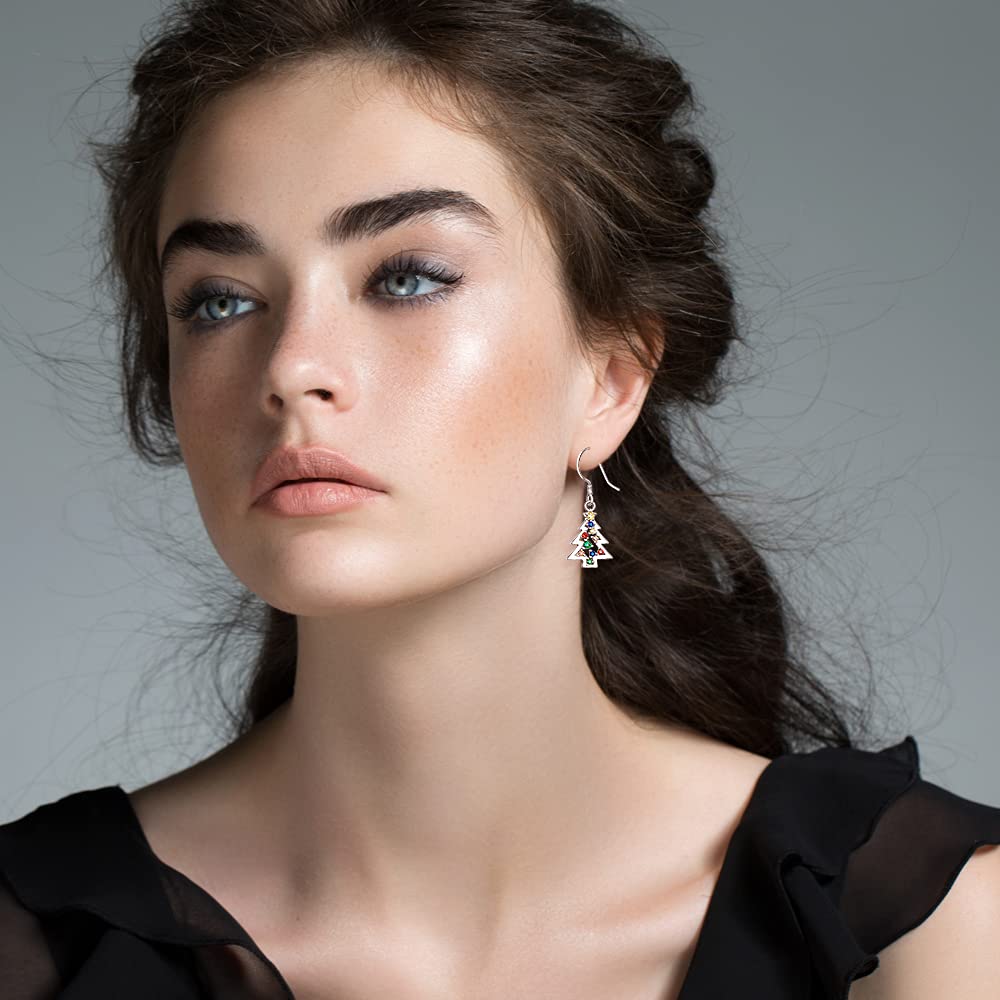 Christmas Tree Dangle Earrings Drop Star S925 Sterling Sliver for Women Colorful CZ Hypoallergenic Piercing Cute Fish Hook Festive Winter Holiday Jewelry Xmas Gift