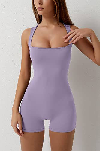 QINSEN Women's Short Seamless Sleeveless Leisure Yoga Workout Gym Jumpsuit for Summer Purple M