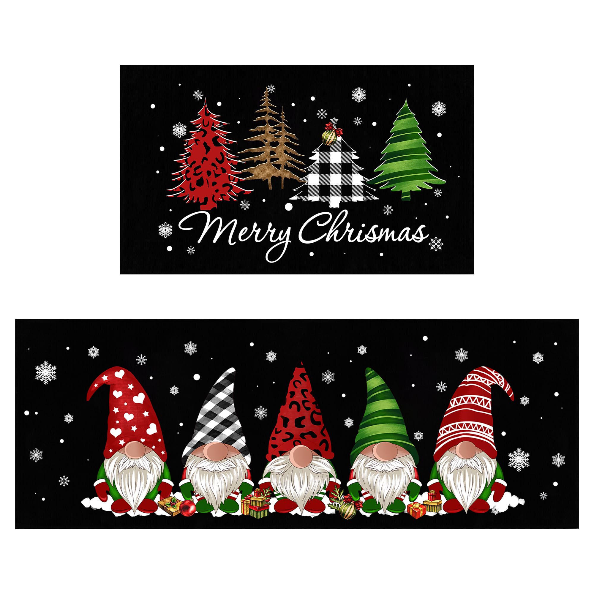 Christmas Kitchen Rugs Set of 2 - Buffalo Plaid Tree Gnomes Black Kitchen mat, Winter Holiday Party Low-Profile Floor Door Mat Merry Christmas Decorations for Home Kitchen - 17x29 and 17x47 Inch