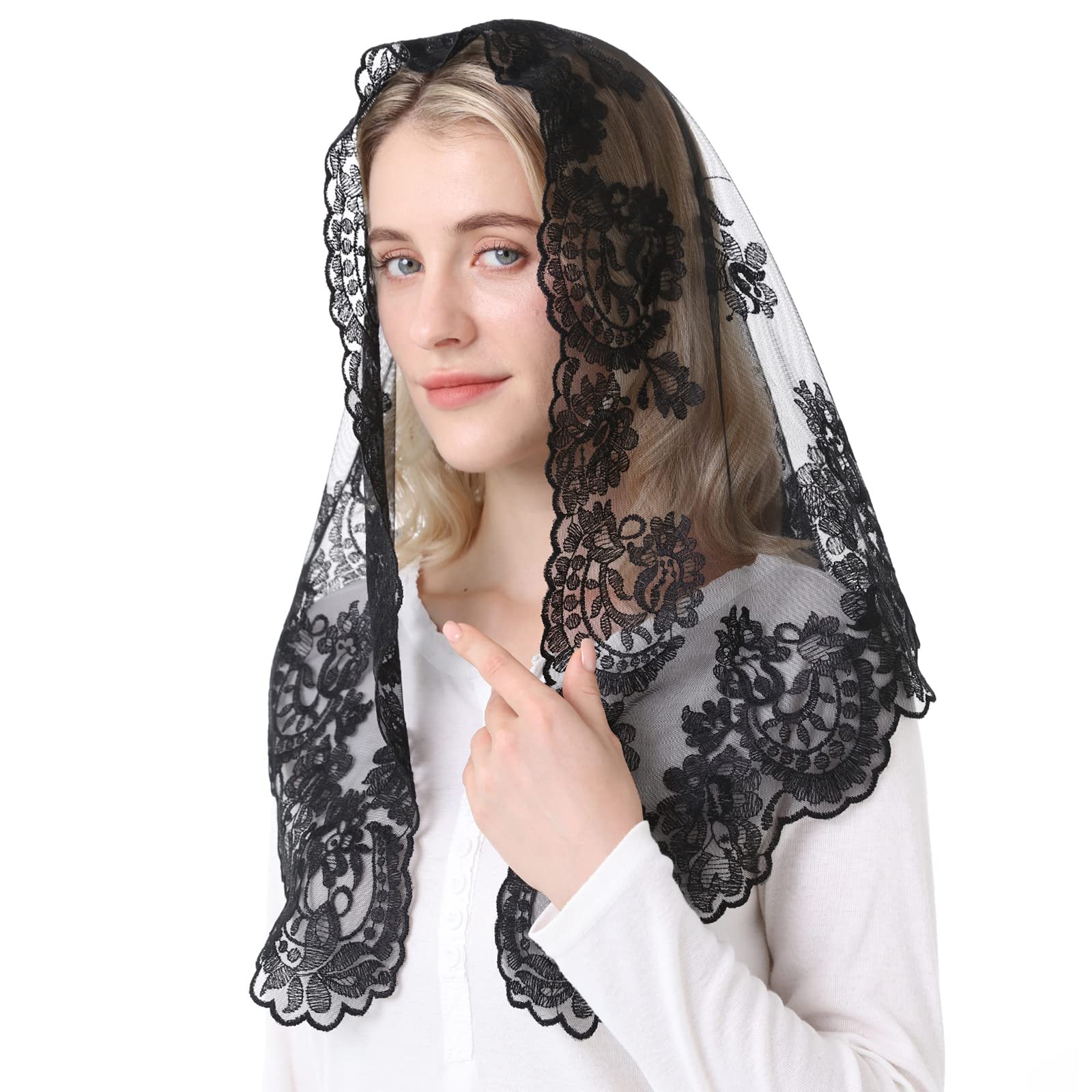 Spanish Mantilla Traditional Church Mass Head Covering Chaple Lace Veil Catholic Mass First Coummunion Bridal Latin Mass Veil (Black)