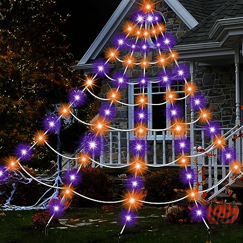 Joliyoou 200 LED 19.7ft x 16.4ft Halloween Spiderweb with Orange and Purple Lights, 8 Modes Remote Controlled Cobweb for Indoor Outdoor Spooky Party Decoration