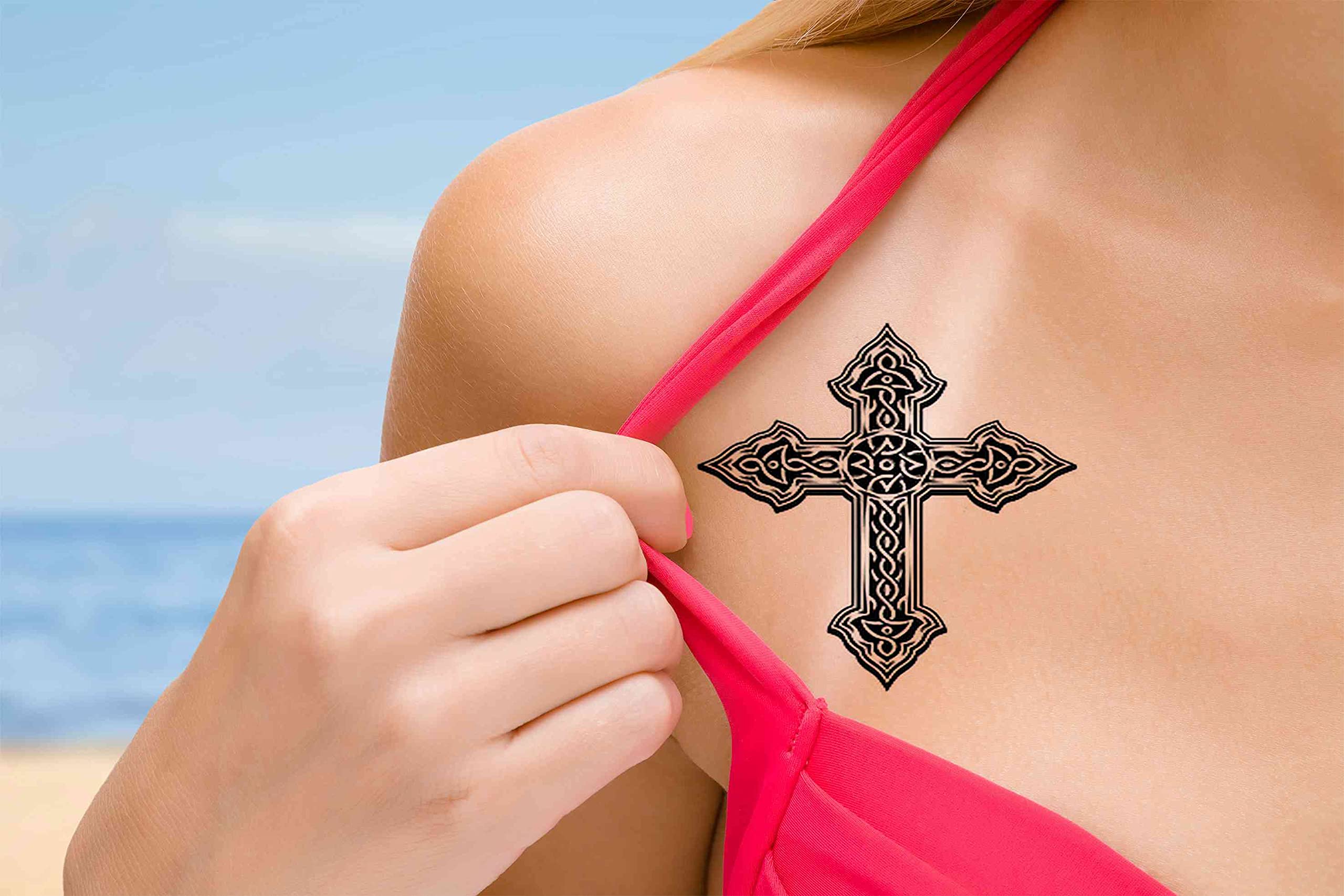 Dopetattoo 6 Sheets Temporary Tattoo Cross Tattoo Fake Tattoos Neck Arm Chest for Women Men Adults