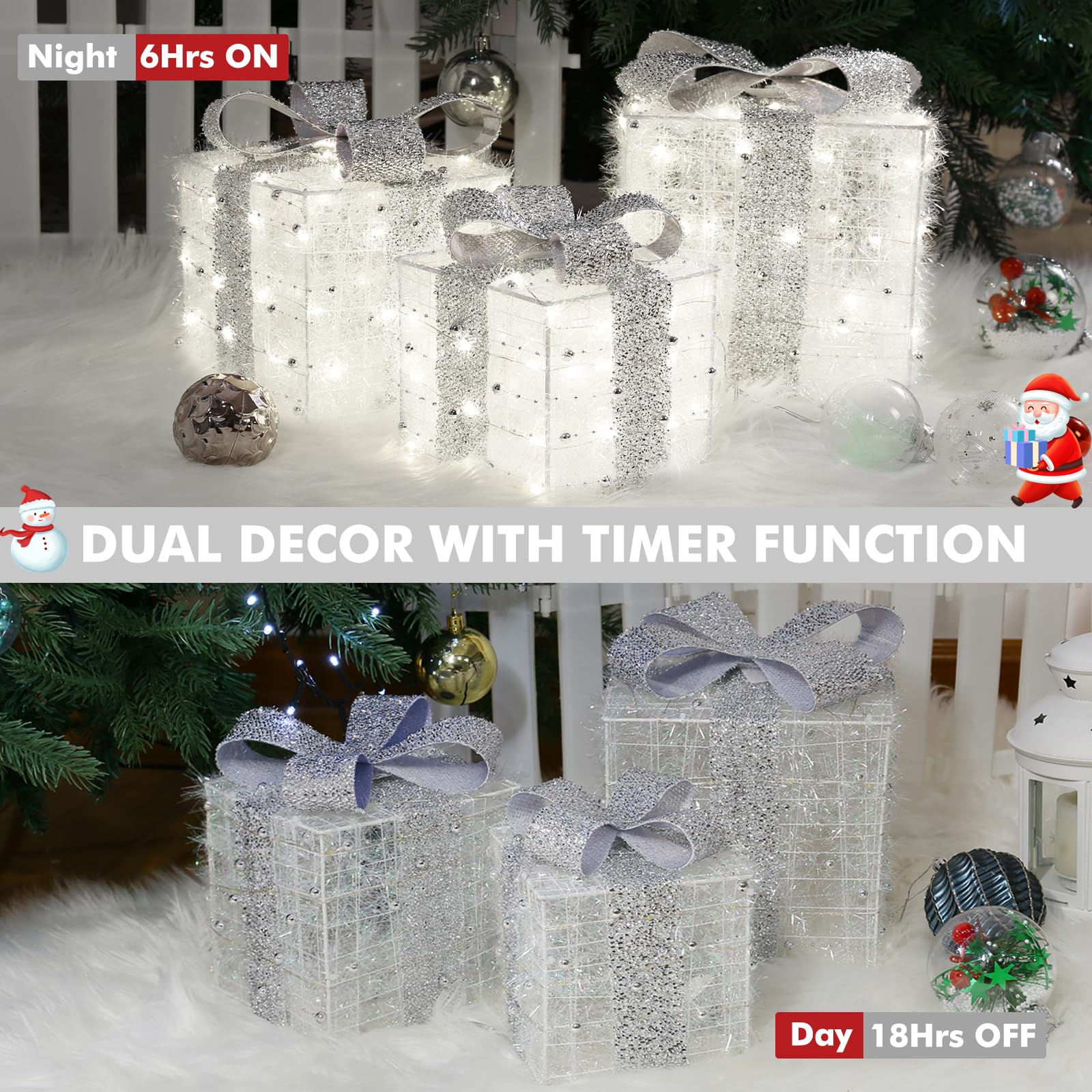 Christmas Lighted Gift Boxes, 140 LEDs Light Up Presents Christmas Decor, 8 Modes & Timer Function Plug-in Lighted Christmas Boxes, Set of 3 Christmas Decoration for Xmas Holiday Party Indoor Outdoor