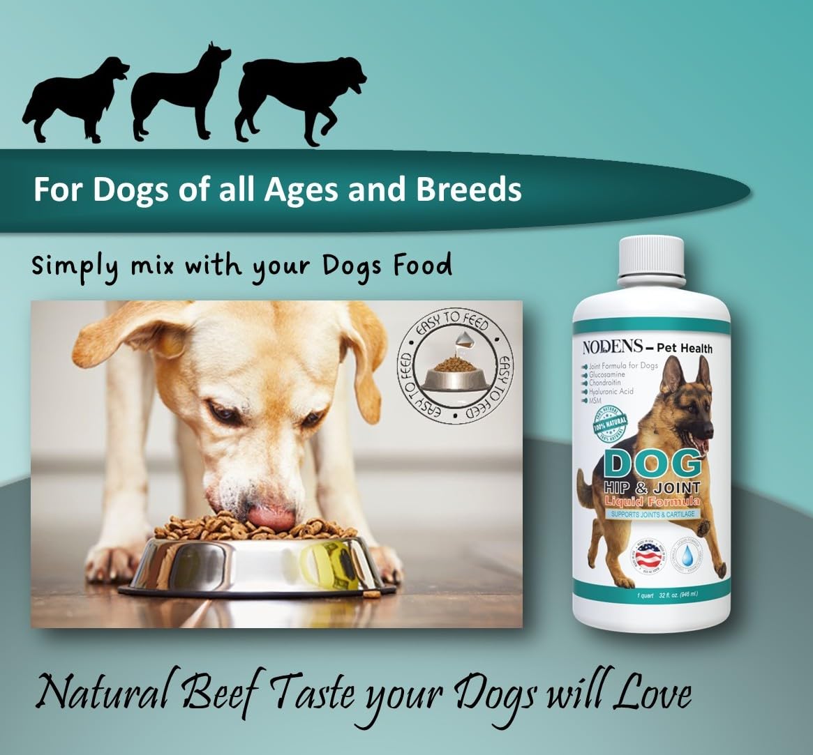 NODENS Dog Hip and Joint - Concentrated Glucosamine for Dogs with Chondroitin – Dog Joint Supplement for Natural Dog Pain Relief Anti-inflammatory for Improved Joint Flexibility and Mobility - 942 ml