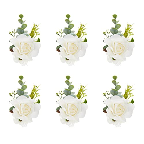 Meldel White Ivory Rose Wrist Corsage, Set of 6, Wedding Bridal Wrist Flower Corsage Hand Flower Decor for Prom Party Wedding Homecoming, Corsage Wristband Flowers for Bride, Bridesmaid, Girl