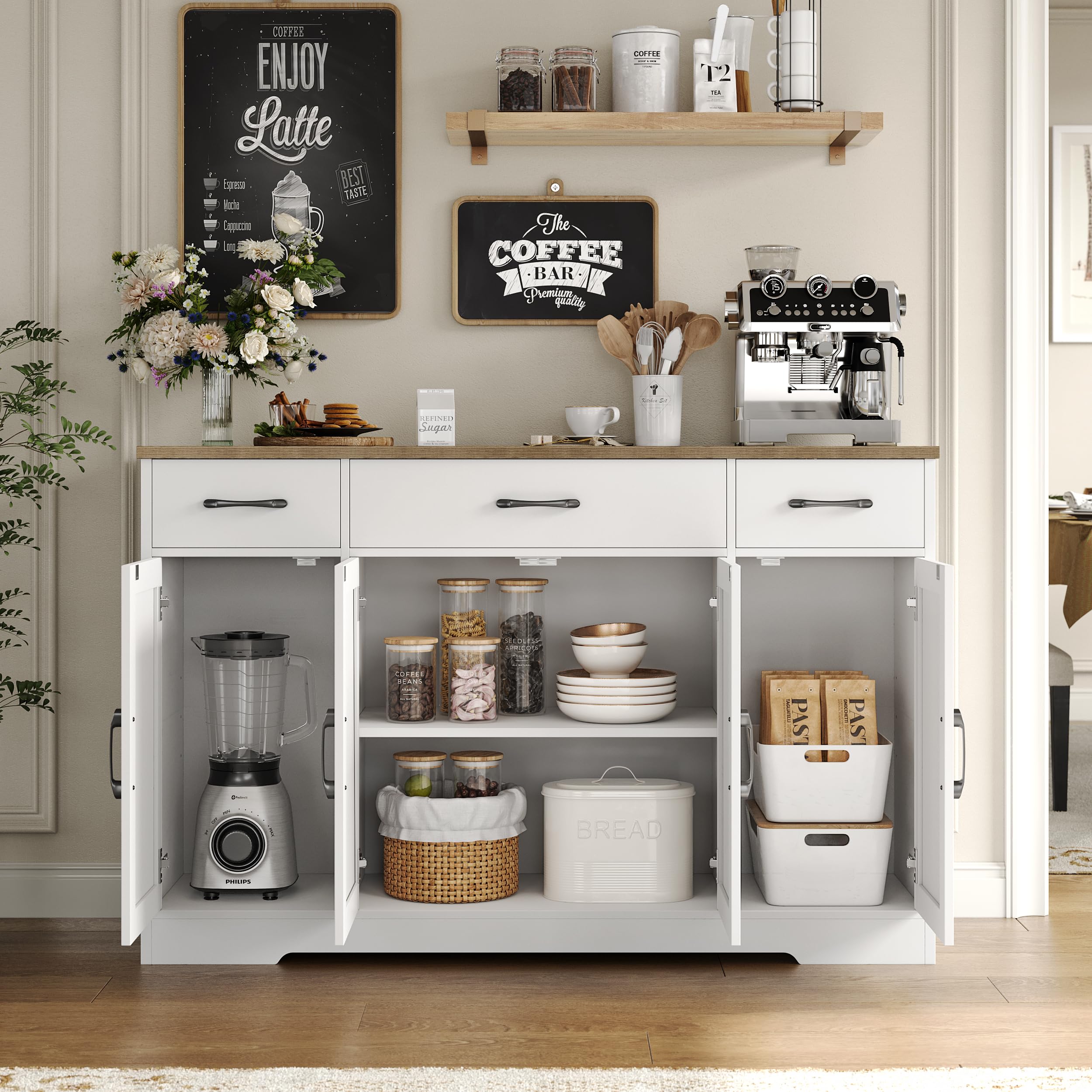 HOSTACK Buffet Cabinet with Drawers, 55" Large Sideboard Buffet Storage Cabinet with Shelves and Doors, Modern Farmhouse Coffee Bar Cabinet Wood Buffet Table for Kitchen, Dining Room, White/Rustic