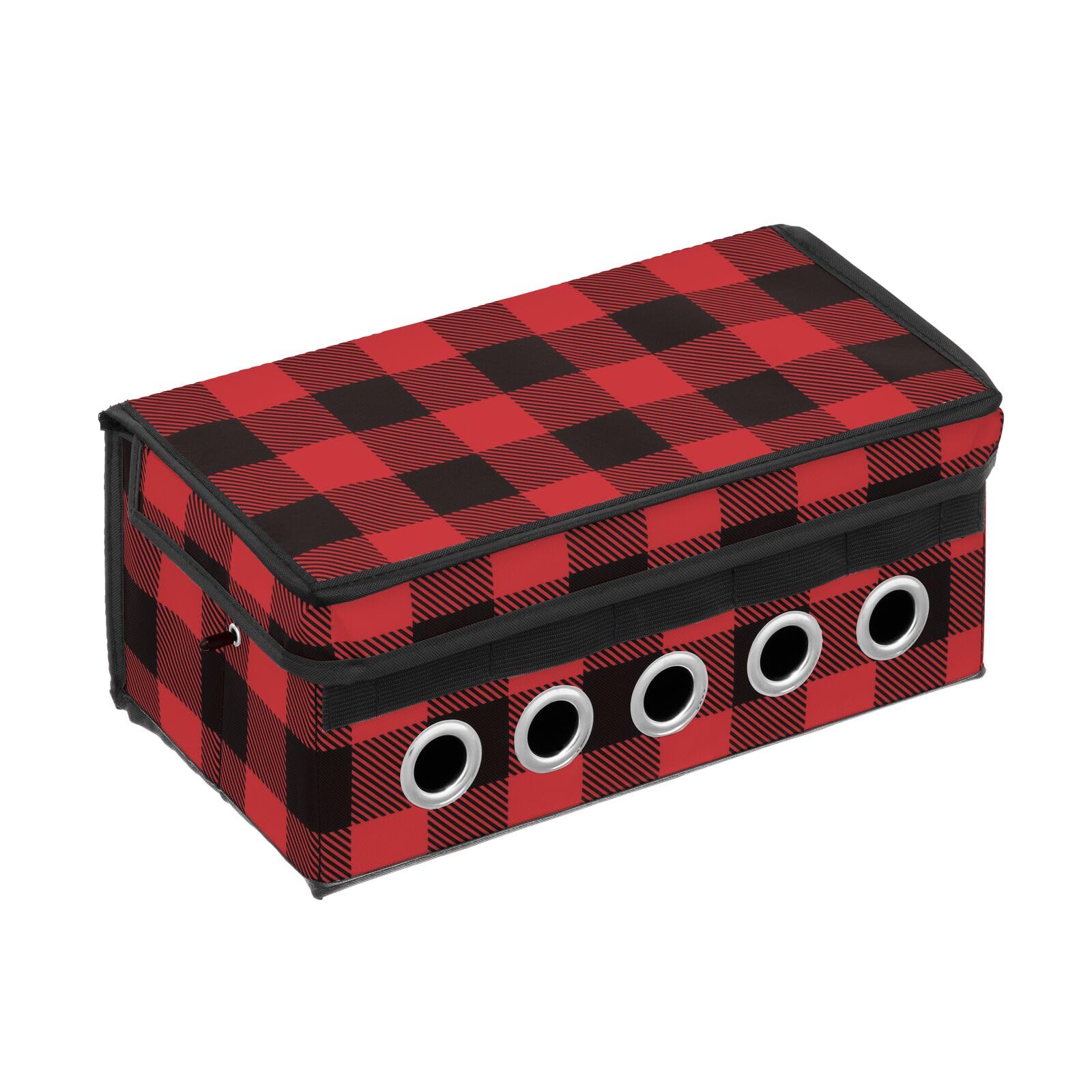 mDesign Gift-Wrapping Ribbon Storage Box with Handles - Holiday Bow Organizer Container with Lid - Christmas Giftwrap Ribbon Holder - Gift Storage Tote Bin and Bow Station - Buffalo Plaid Red/Black