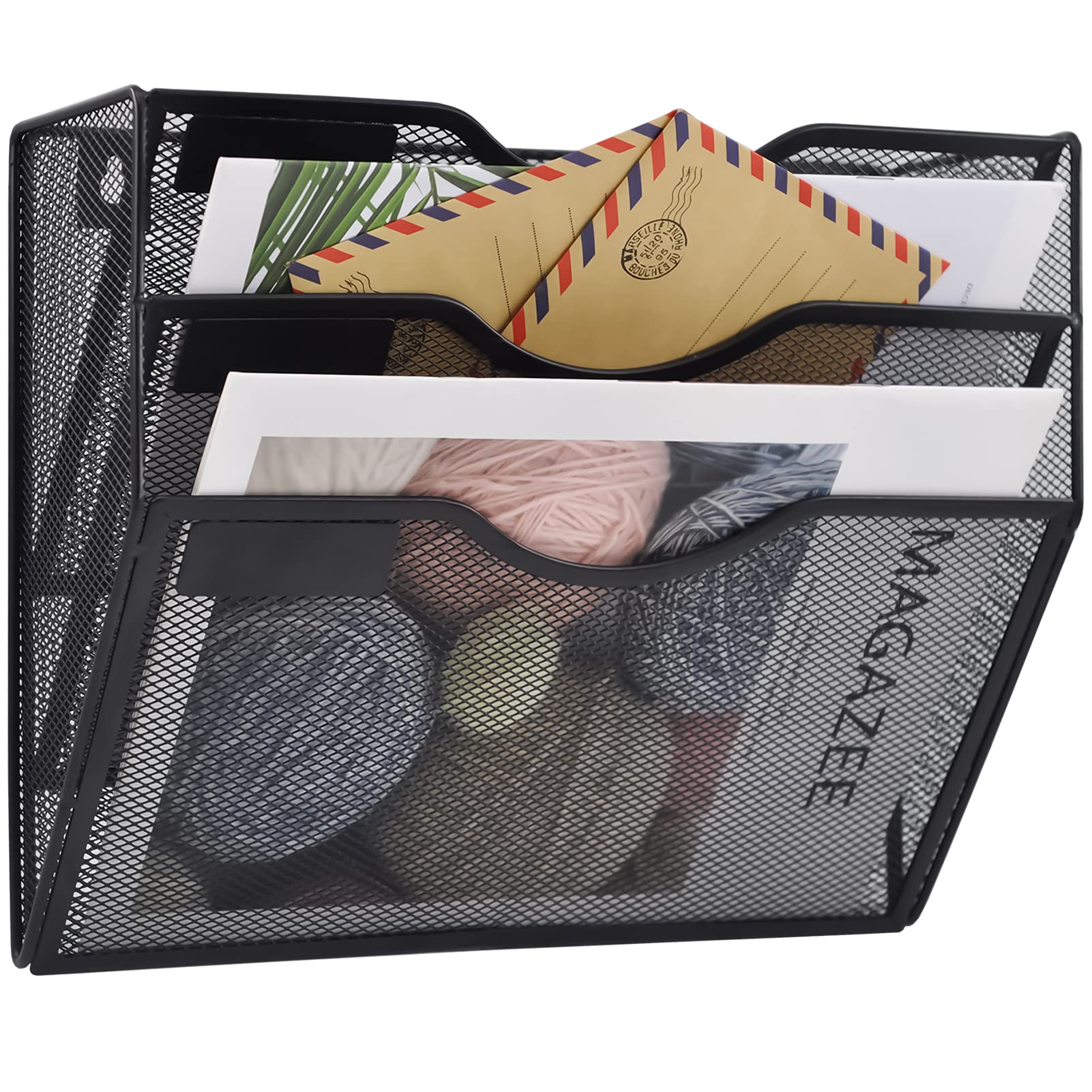 COSYAWN 3 Tier Wall File Organizer Hanging paper Folder, Metal Wall Mount File Holder with Label Panel, Black