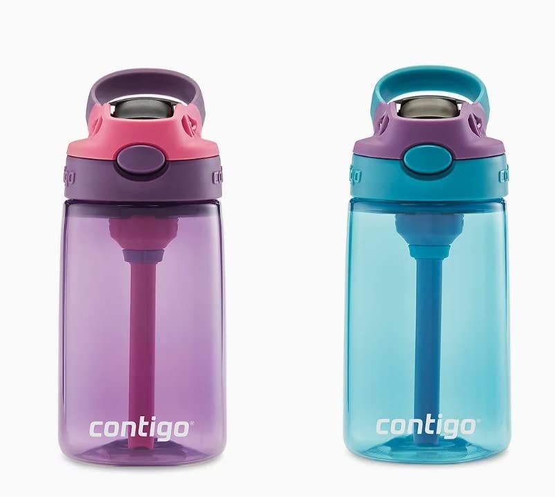 Contigo Kids Water Bottle, 14 oz with Autospout Technology – Spill Proof, Easy-Clean Lid Design – Ages 3 Plus, Top Rack Dishwasher Safe,2-PK Purple, Pink, Blue