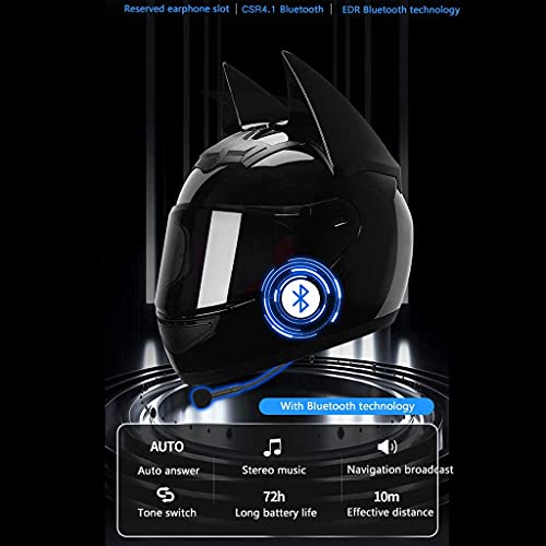 WANGFENG Women Cat Helmet with Ears Black Full Face Men Motorcycle Street Helmet with Bluetooth Headset Kids Flip Up Visors Helmets for ATV Crash Scooter DOT Certified (54-62cm)