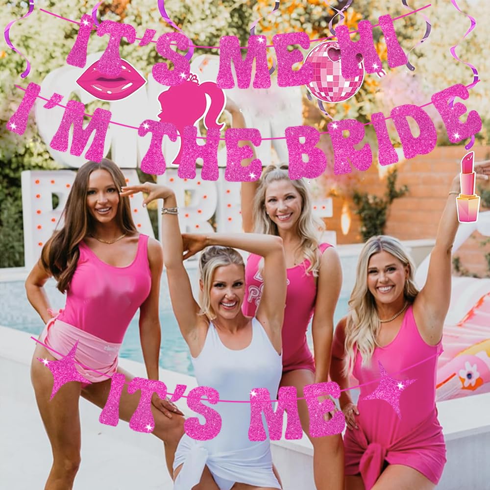 Hot Pink It's Me Hi I'm the Bride It's Me Banner, Pre-strung Glitter Bride Banner for Popular Singer Fans Bachelorette Party Decorations Bridal Shower Decorations Bride To Be Decorations