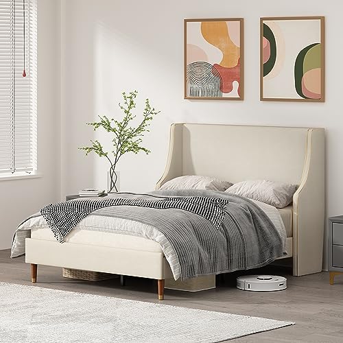 QNZK Upholstered Platform Bed Frame with Linen Headboard, Golden PVC Material Edge, Metal Frame Wooden Slat Support, No Box Spring Needed, Wood Foot Easy to Assemble & Noiseless (Beige, Full)