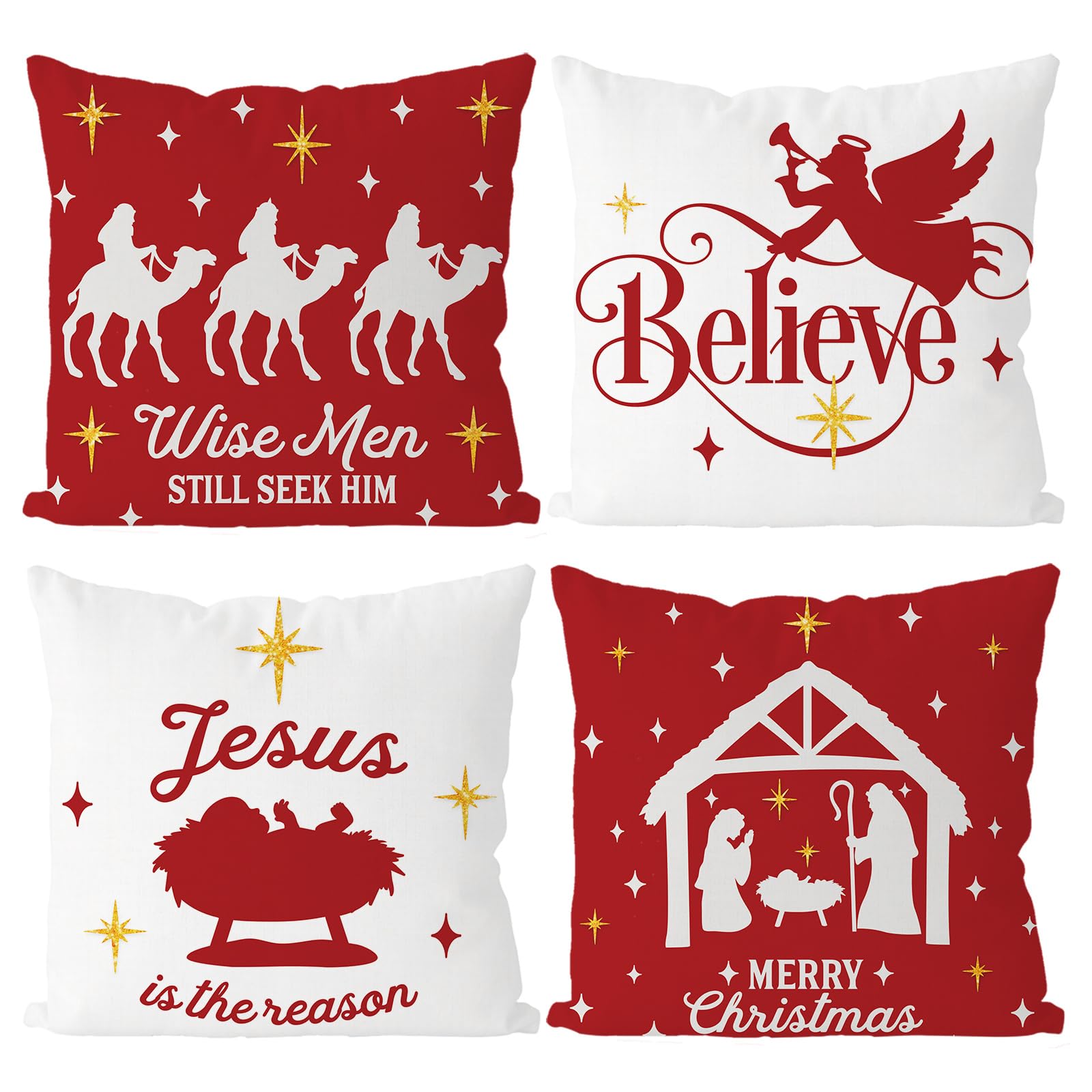 Christmas Pillow Covers 20x20 Inch Set of 4 Navitity Religious Throw Pillow Covers Red And White Christmas Xmas Winter Pillowcase Home Decor Living Room House Decorative Cushion Case for Sofa Couch