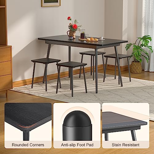 Qsun 7-Piece 63" Large Dining Table Set for 4-6 People, Extendable Kitchen Table Set with 6 Chairs, Dining Room Table with Round Corner for Small Space, Children Protective Design, Black
