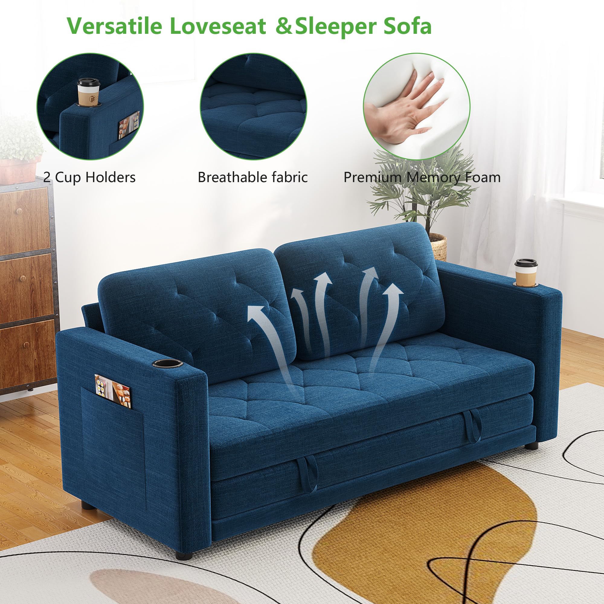 HNEBC Pull Out Sleeper Sofa, Loveseat Futon Sofa Bed with Side Pockets, Convertible Floor Small Couch with Cup Holders, Full Size Folding Couches for Apartments/Living Room (Blue, 72008)
