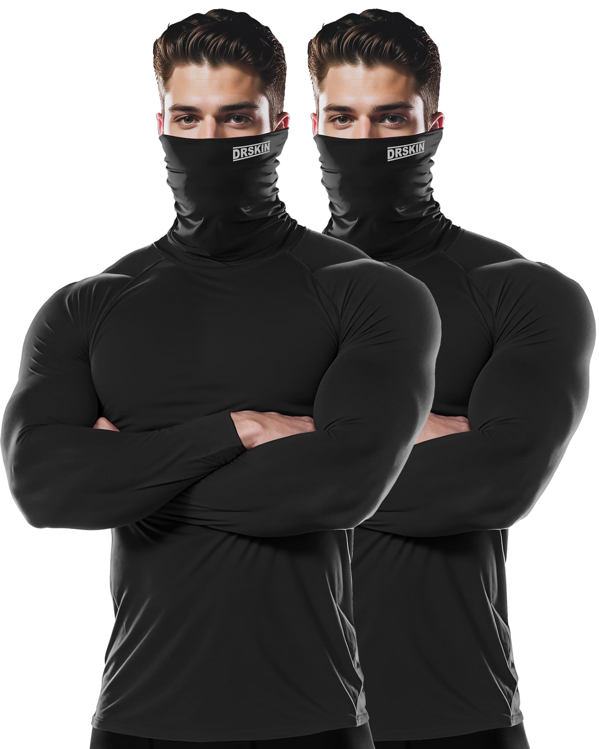 DRSKIN 2 Pack Men's MASK Turtleneck Compression Shirts Top Long Sleeve Thermal Sports Baselayer Running Athletic Workout (Turtleneck SB01 2P, XL)